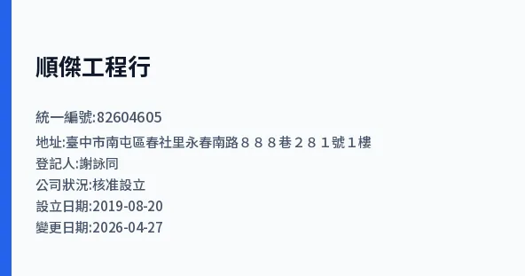 順傑工程行的照片-統編 82604605(臺中市) 公司登記資料與營業項目詳細圖表