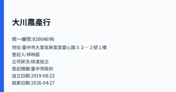 大川農產行的照片-統編 82604696(臺中市) 公司登記資料與營業項目詳細圖表