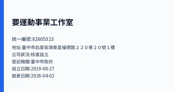 要運動事業工作室的照片-統編 82605323(臺中市) 公司登記資料與營業項目詳細圖表