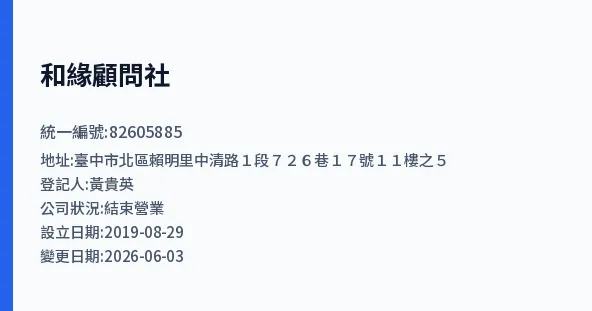 和緣顧問社的照片-統編 82605885(臺中市) 公司登記資料與營業項目詳細圖表