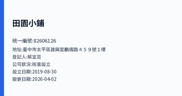 田園小鋪的照片-統編 82606126(臺中市) 公司登記資料與營業項目詳細圖表