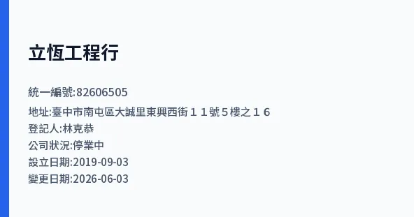 立恆工程行的照片-統編 82606505(臺中市) 公司登記資料與營業項目詳細圖表