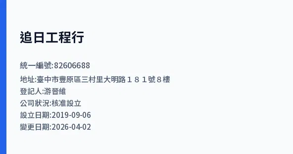 追日工程行的照片-統編 82606688(臺中市) 公司登記資料與營業項目詳細圖表