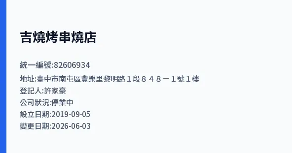 吉燒烤串燒店的照片-統編 82606934(臺中市) 公司登記資料與營業項目詳細圖表