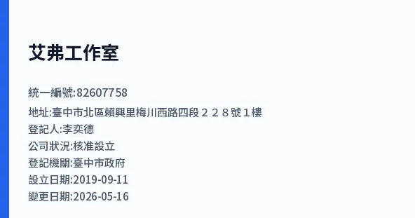 艾弗工作室的照片-統編 82607758(臺中市) 公司登記資料與營業項目詳細圖表