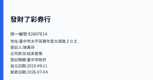 發財了彩券行的照片-統編 82607814(臺中市) 公司登記資料與營業項目詳細圖表