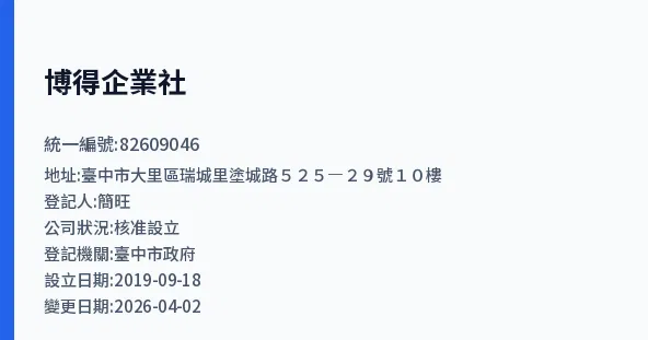 博得企業社的照片-統編 82609046(臺中市) 公司登記資料與營業項目詳細圖表