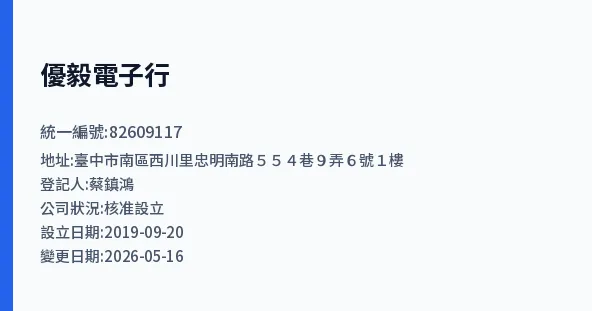 優毅電子行的照片-統編 82609117(臺中市) 公司登記資料與營業項目詳細圖表