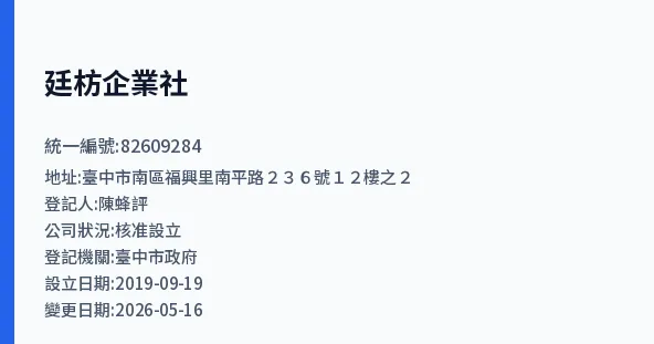 廷枋企業社的照片-統編 82609284(臺中市) 公司登記資料與營業項目詳細圖表
