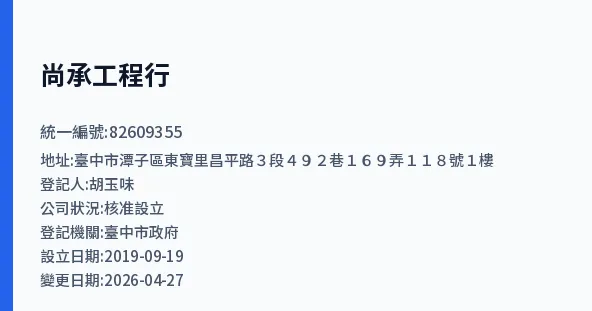 尚承工程行的照片-統編 82609355(臺中市) 公司登記資料與營業項目詳細圖表