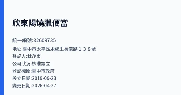 欣東陽燒臘便當的照片-統編 82609735(臺中市) 公司登記資料與營業項目詳細圖表