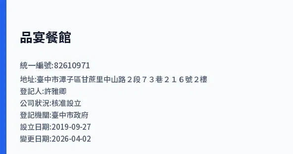 品宴餐館的照片-統編 82610971(臺中市) 公司登記資料與營業項目詳細圖表