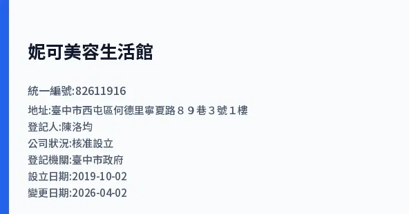 妮可美容生活館的照片-統編 82611916(臺中市) 公司登記資料與營業項目詳細圖表