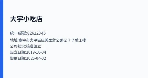大宇小吃店的照片-統編 82612345(臺中市) 公司登記資料與營業項目詳細圖表