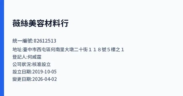 薇絲美容材料行的照片-統編 82612513(臺中市) 公司登記資料與營業項目詳細圖表