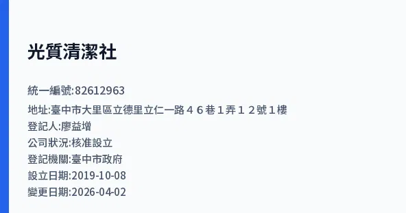 光質清潔社的照片-統編 82612963(臺中市) 公司登記資料與營業項目詳細圖表