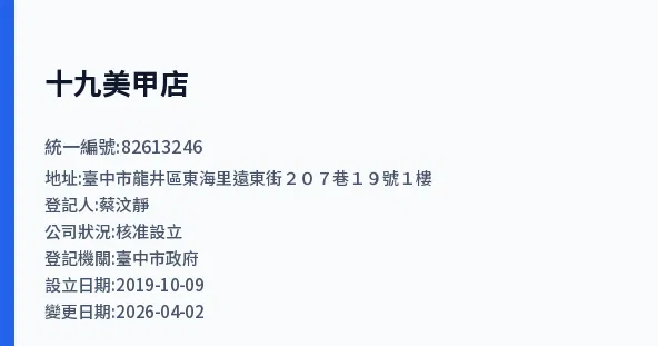 十九美甲店的照片-統編 82613246(臺中市) 公司登記資料與營業項目詳細圖表