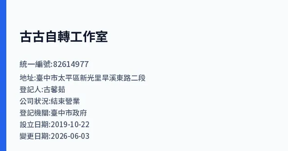 古古自轉工作室的照片-統編 82614977(臺中市) 公司登記資料與營業項目詳細圖表