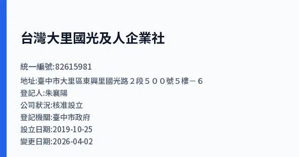 台灣大里國光及人企業社的照片-統編 82615981(臺中市) 公司登記資料與營業項目詳細圖表