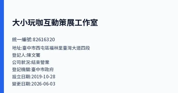 大小玩咖互動策展工作室的照片-統編 82616320(臺中市) 公司登記資料與營業項目詳細圖表