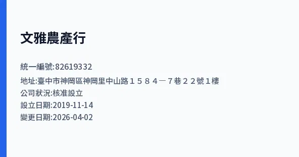 文雅農產行的照片-統編 82619332(臺中市) 公司登記資料與營業項目詳細圖表