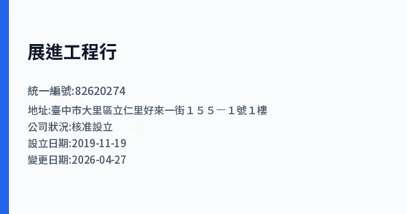 展進工程行的照片-統編 82620274(臺中市) 公司登記資料與營業項目詳細圖表