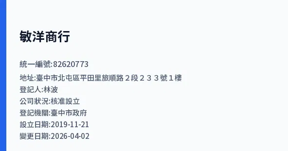 敏洋商行的照片-統編 82620773(臺中市) 公司登記資料與營業項目詳細圖表