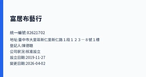 富居布藝行的照片-統編 82621702(臺中市) 公司登記資料與營業項目詳細圖表