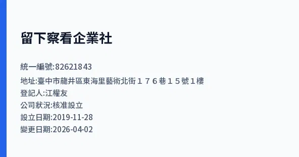 留下察看企業社的照片-統編 82621843(臺中市) 公司登記資料與營業項目詳細圖表