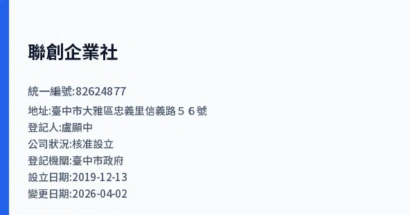 聯創企業社的照片-統編 82624877(臺中市) 公司登記資料與營業項目詳細圖表