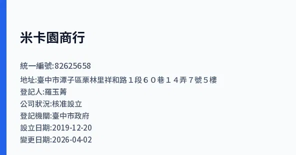 米卡園商行的照片-統編 82625658(臺中市) 公司登記資料與營業項目詳細圖表