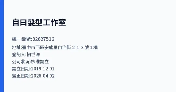 自曰髮型工作室的照片-統編 82627516(臺中市) 公司登記資料與營業項目詳細圖表