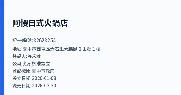 阿慢日式火鍋店的照片-統編 82628254(臺中市) 公司登記資料與營業項目詳細圖表