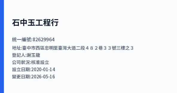 石中玉工程行的照片-統編 82629964(臺中市) 公司登記資料與營業項目詳細圖表