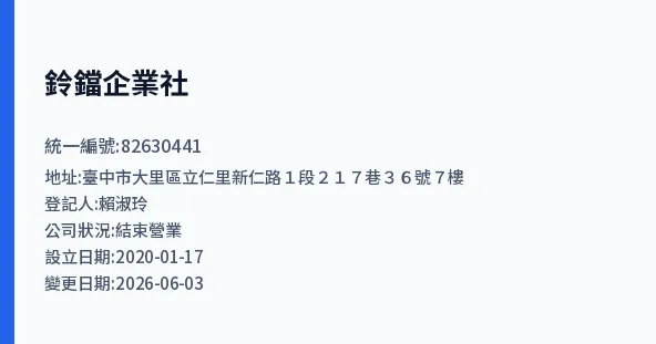鈴鐺企業社的照片-統編 82630441(臺中市) 公司登記資料與營業項目詳細圖表