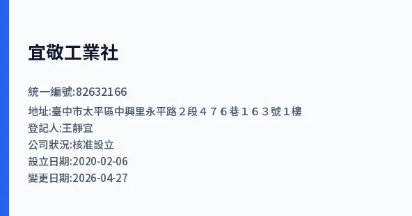 宜敬工業社的照片-統編 82632166(臺中市) 公司登記資料與營業項目詳細圖表