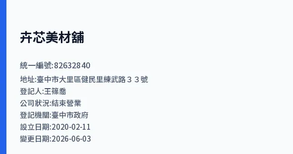 卉芯美材舖的照片-統編 82632840(臺中市) 公司登記資料與營業項目詳細圖表
