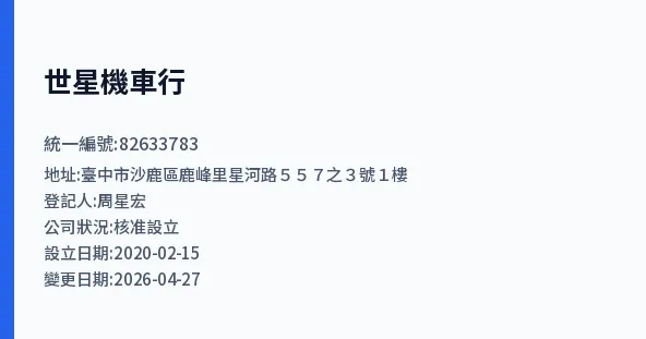 世星機車行的照片-統編 82633783(臺中市) 公司登記資料與營業項目詳細圖表