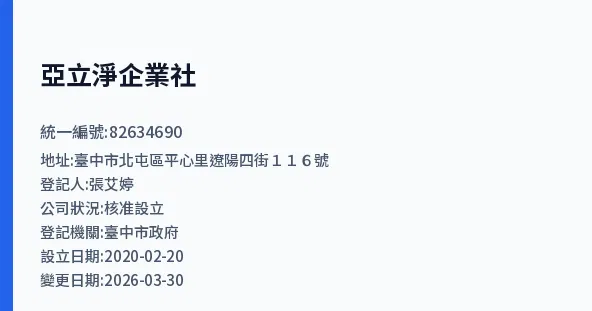 亞立淨企業社的照片-統編 82634690(臺中市) 公司登記資料與營業項目詳細圖表