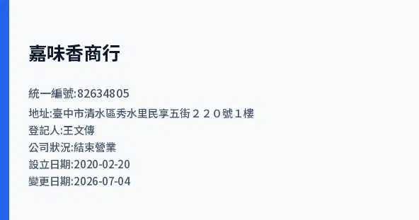 嘉味香商行的照片-統編 82634805(臺中市) 公司登記資料與營業項目詳細圖表