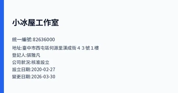小冰屋工作室的照片-統編 82636000(臺中市) 公司登記資料與營業項目詳細圖表