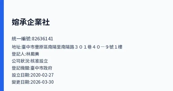 嫆承企業社的照片-統編 82636141(臺中市) 公司登記資料與營業項目詳細圖表