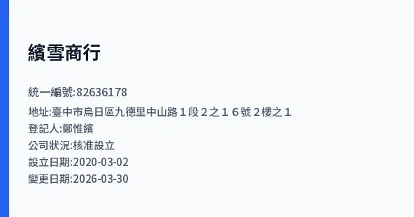 繽雪商行的照片-統編 82636178(臺中市) 公司登記資料與營業項目詳細圖表