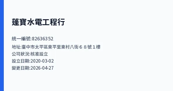 蓬寶水電工程行的照片-統編 82636352(臺中市) 公司登記資料與營業項目詳細圖表