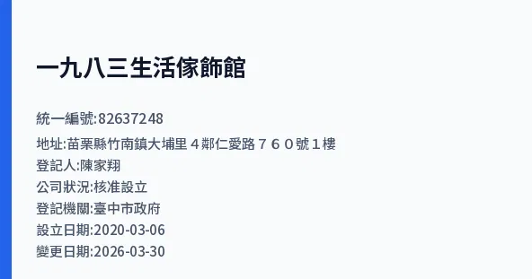 一九八三生活傢飾館的照片-統編 82637248(苗栗縣) 公司登記資料與營業項目詳細圖表