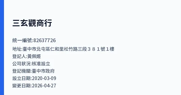三玄觀商行的照片-統編 82637726(臺中市) 公司登記資料與營業項目詳細圖表