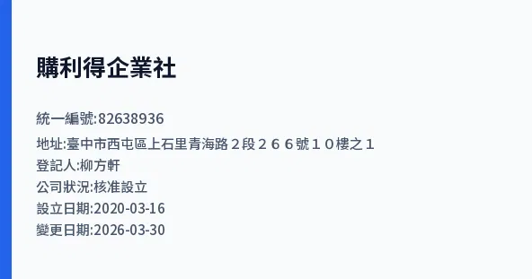購利得企業社的照片-統編 82638936(臺中市) 公司登記資料與營業項目詳細圖表
