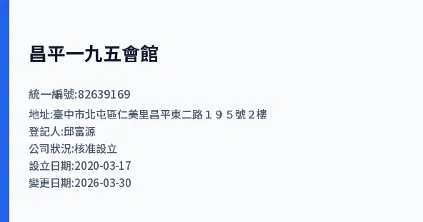 昌平一九五會館的照片-統編 82639169(臺中市) 公司登記資料與營業項目詳細圖表