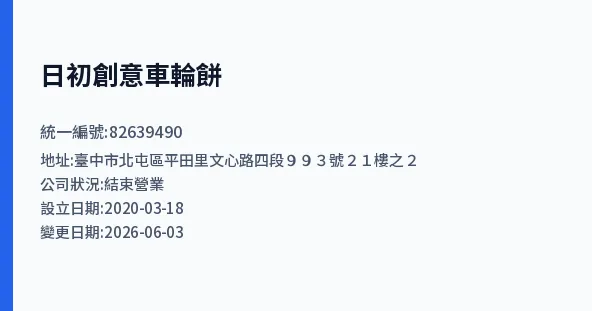 日初創意車輪餅的照片-統編 82639490(臺中市) 公司登記資料與營業項目詳細圖表