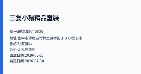 三隻小豬精品童裝的照片-統編 82640829(臺中市) 公司登記資料與營業項目詳細圖表